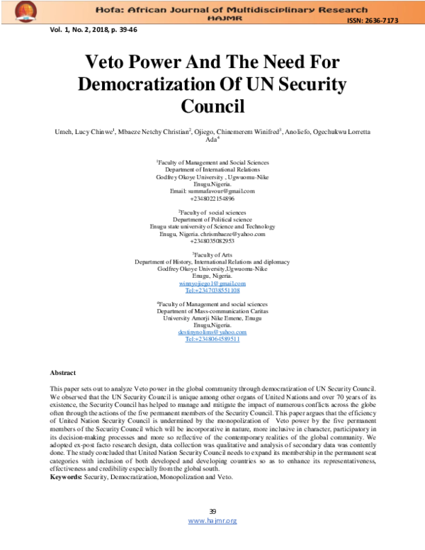 (PDF) Veto Power And The Need For Democratization Of UN Security Council