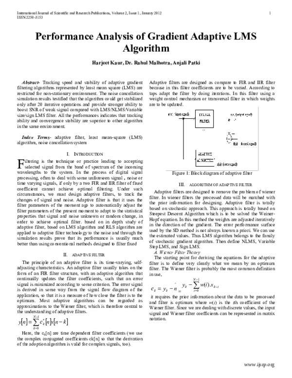 Pdf Performance Analysis Of Gradient Adaptive Lms Algorithm