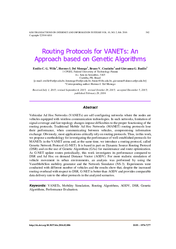 (PDF) Routing Protocols for VANETs: An Approach based on Genetic Algorithms