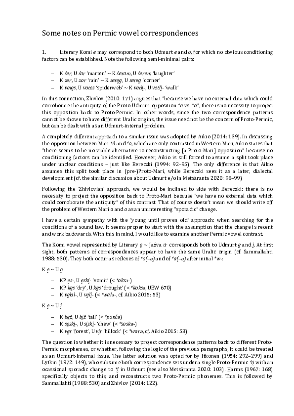 (DOC) Some notes on Permic vowel correspondences