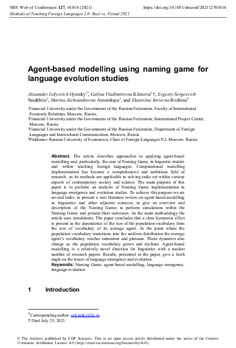 (PDF) Agent-based modelling using naming game for language evolution studies