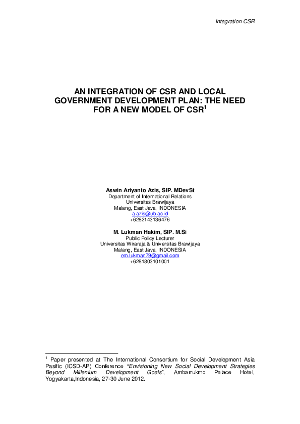 (PDF) An Integration Of CSR And Local Government Development Plan: The ...