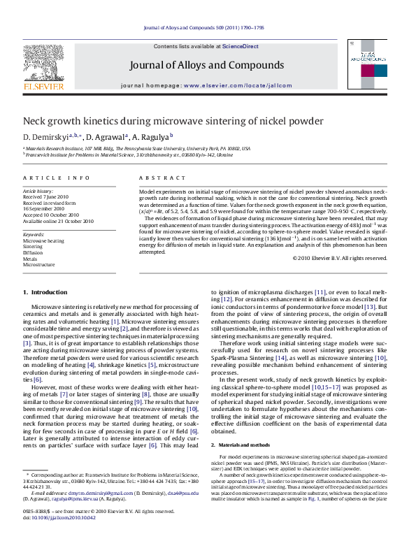 (PDF) Neck growth kinetics during microwave sintering of nickel powder