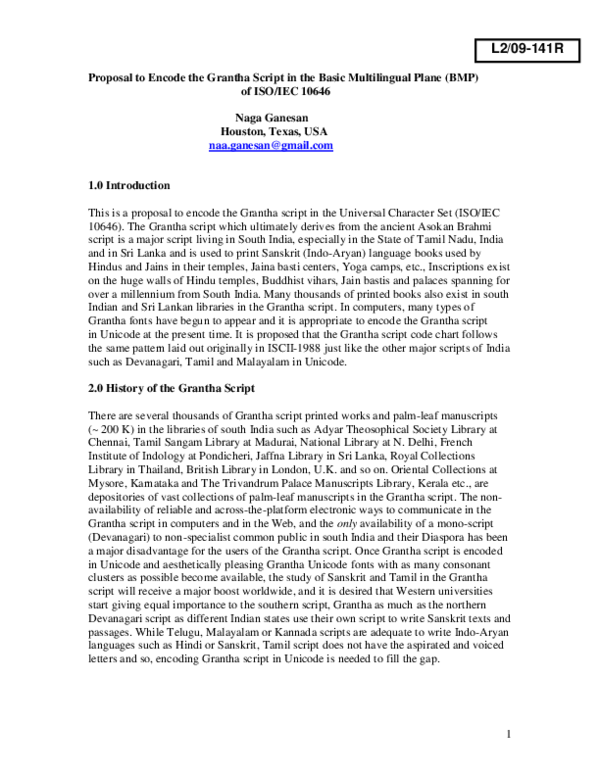 (PDF) Proposal to Encode the Grantha Script in the Basic Multilingual Plane (BMP) of ISO/IEC 10646