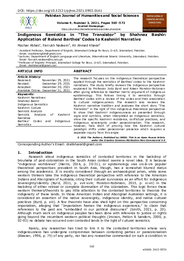 (PDF) Indigenous Semiotics in “The Transistor” by Shahnaz Bashir ...