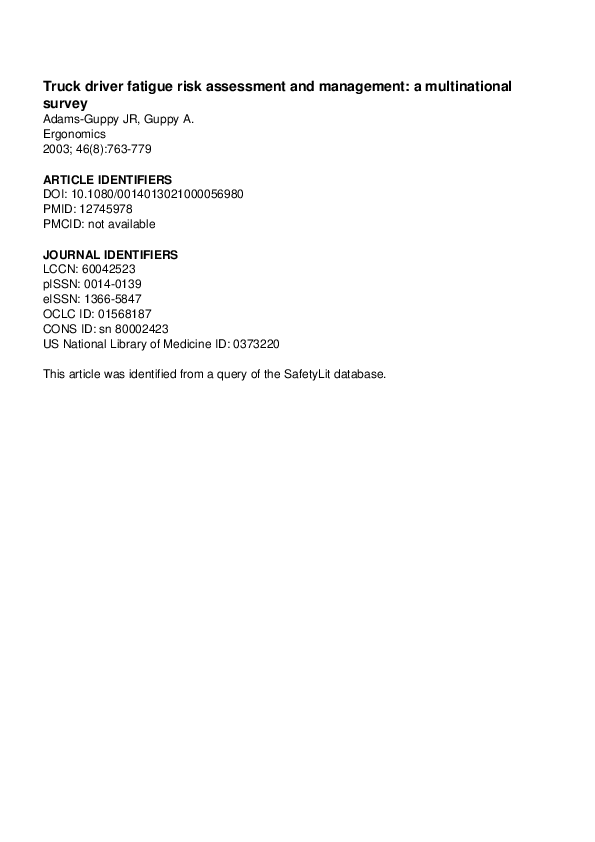 (PDF) Truck driver fatigue risk assessment and management: a ...