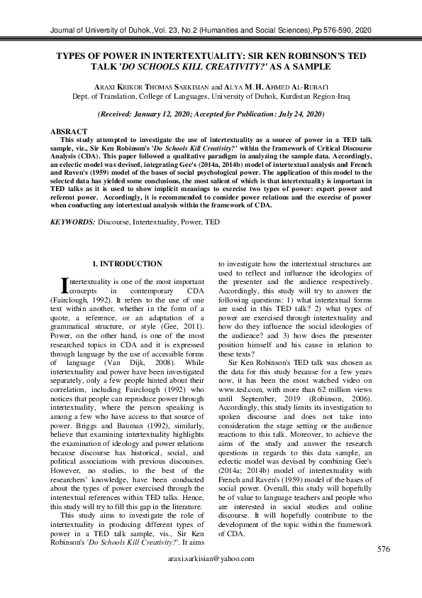 (PDF) Types of Power in Intertextuality: Sir Ken Robinson's Ted Talk ...