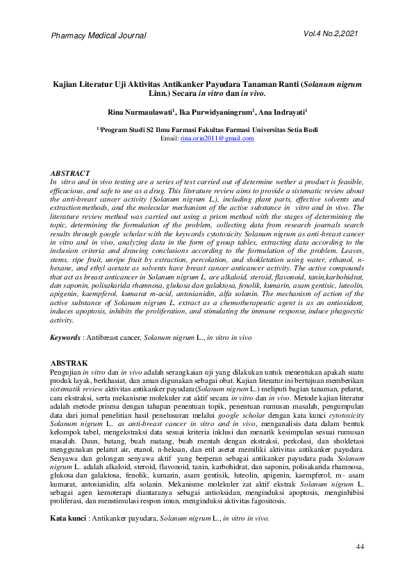 (PDF) Kajian Literatur Uji Aktivitas Antikanker Payudara Tanaman Ranti ...