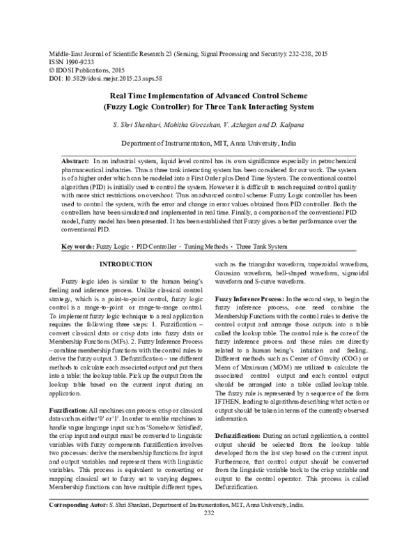 (PDF) Real Time Implementation of Advanced Control Scheme (Fuzzy Logic Controller) for Three ...