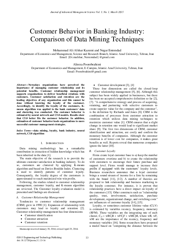 Pdf Customer Behavior In Banking Industry Comparision Of Data Mining