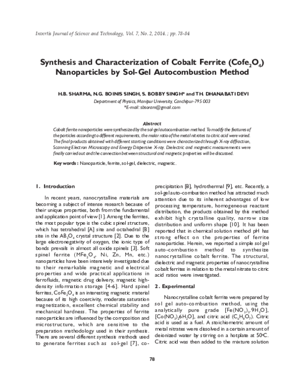 (PDF) Synthesis and Characterization of Cobalt Ferrite (Cofe2O4) Nanoparticles by Sol-Gel ...