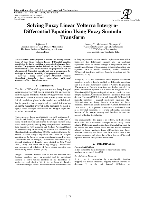 (PDF) Solving Fuzzy Linear Volterra Intergro-Differential Equation Using Fuzzy Sumudu Transform