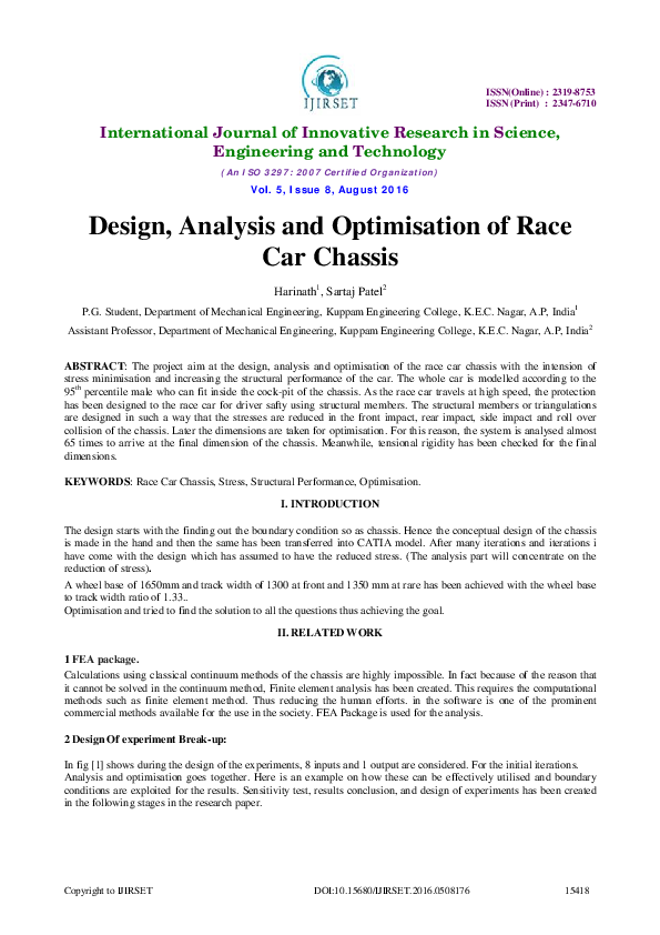(PDF) Design, Analysis and Optimisation of Race Car Chassis