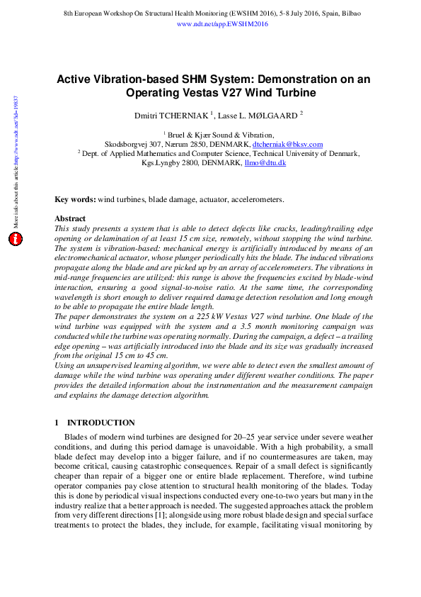 (PDF) Active vibration-based SHM system: demonstration on an operating Vestas V27 wind turbine