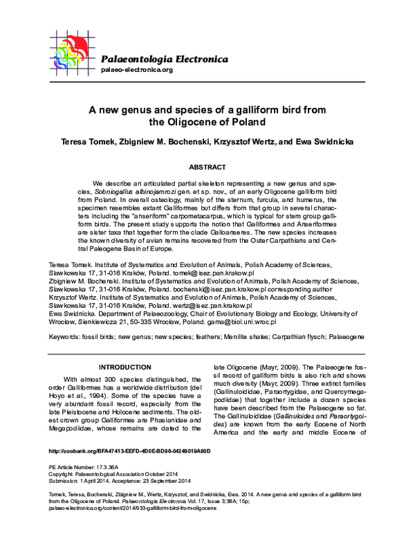 (PDF) A new genus and species of a galliform bird from the Oligocene of ...