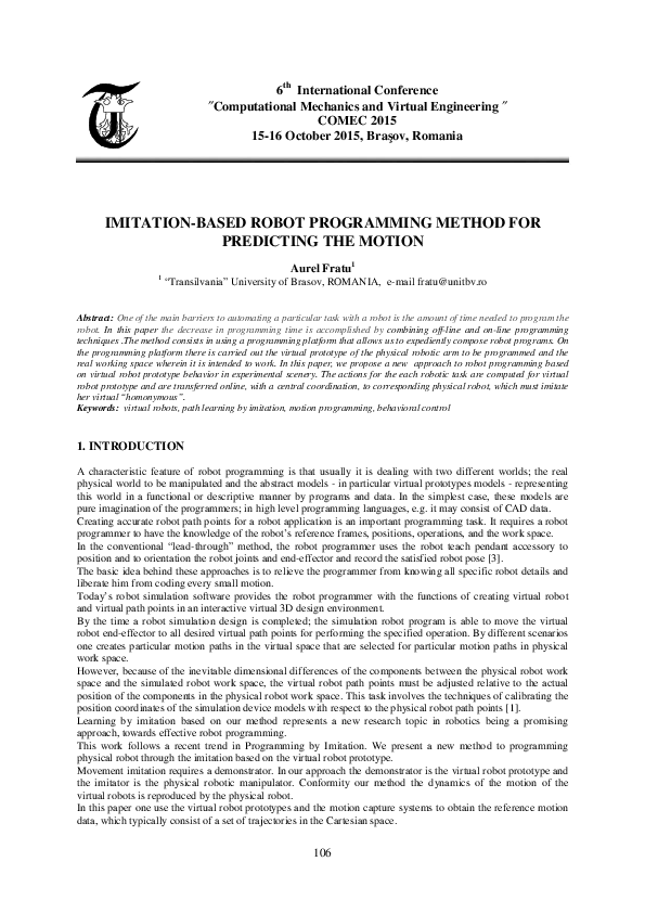 (PDF) Imitation-Based Robot Programming Method for Predicting the Motion