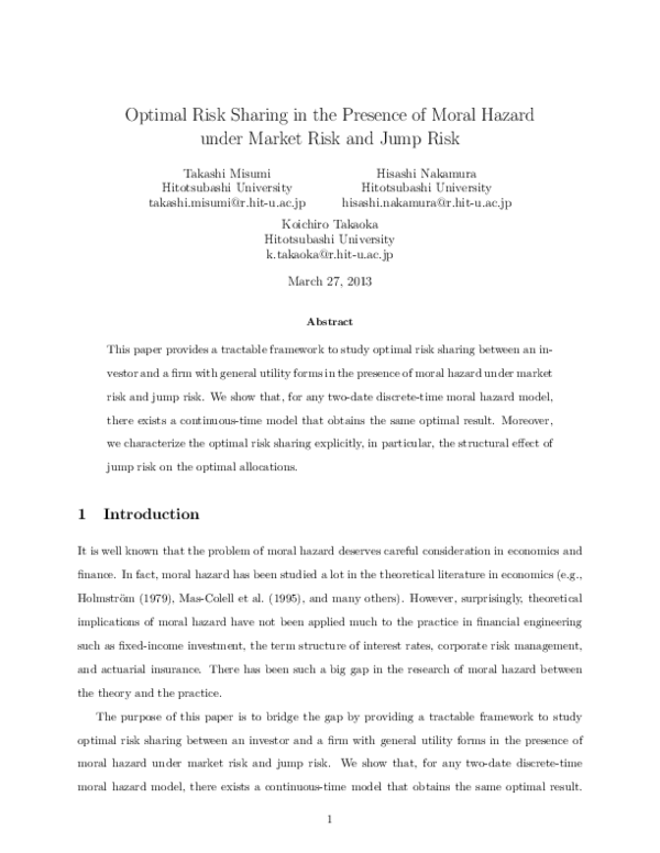 (PDF) Optimal Risk Sharing in the Presence of Moral Hazard under Market ...