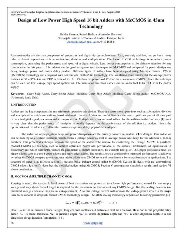(PDF) Design of Low Power High Speed 16 bit Adders with McCMOS in 45nm Technology