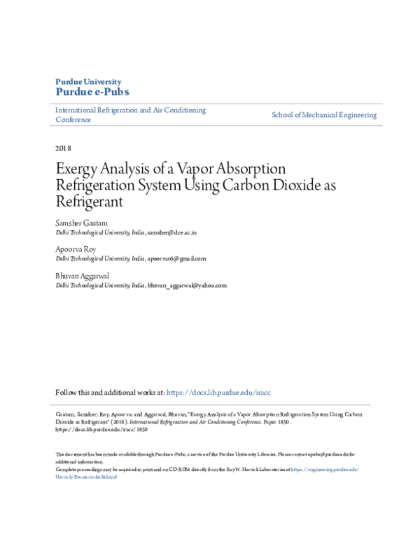 (PDF) Exergy Analysis of a Vapor Absorption Refrigeration System Using Carbon Dioxide as Refrigerant