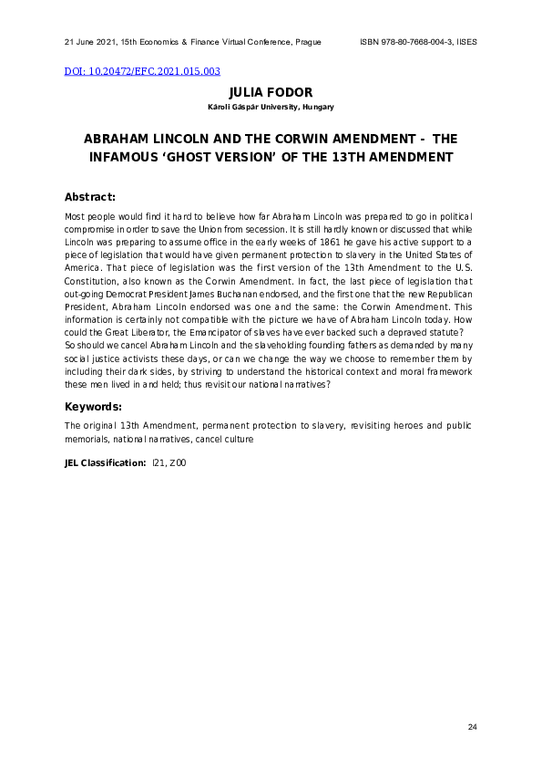 (PDF) Abraham Lincoln and the Corwin Amendment - the Infamous 'Ghost ...