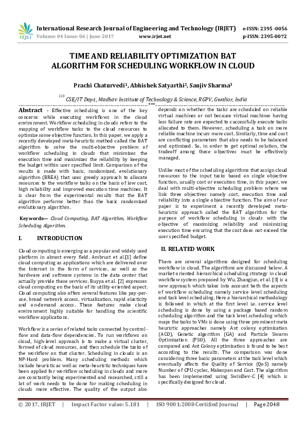 Pdf Time And Reliability Optimization Bat Algorithm For Scheduling Workflow In Cloud