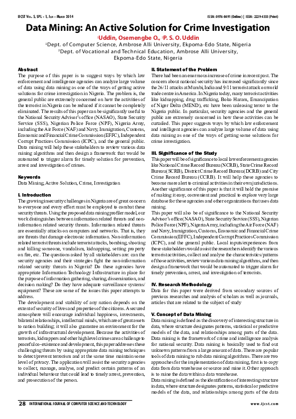 (PDF) Data Mining: An Active Solution for Crime Investigation | Uddin Osemengbe - Academia.edu