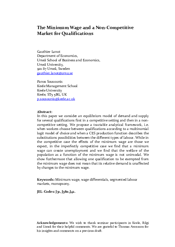 (PDF) The Minimum Wage and a Non-Competitive Market for Qualifications