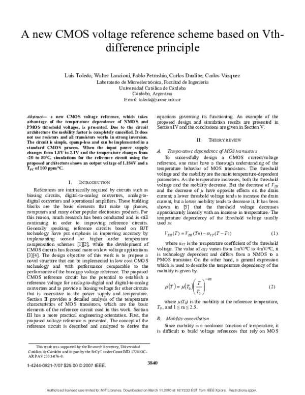 (PDF) A new CMOS voltage reference scheme based on Vth- difference ...