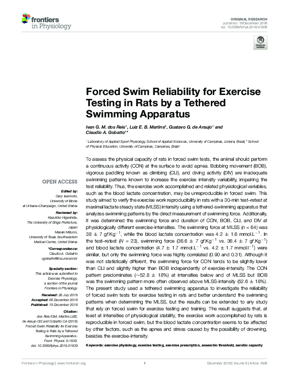 (PDF) Forced Swim Reliability for Exercise Testing in Rats by a ...