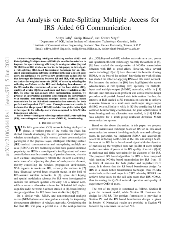 (PDF) An Analysis on Rate-Splitting Multiple Access for IRS Aided 6G Communication