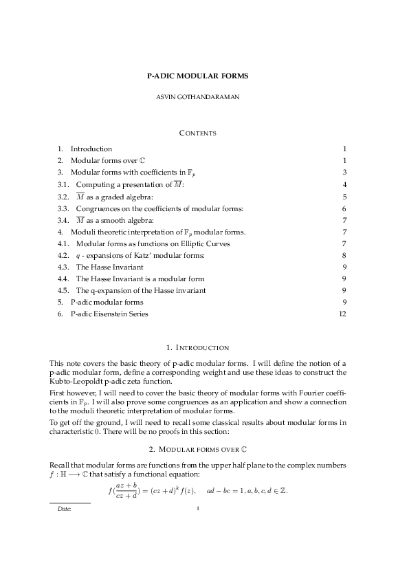(PDF) P-Adic Modular Forms