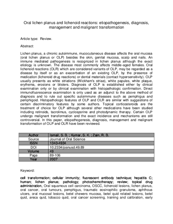 (PDF) Oral lichen planus and lichenoid reactions: etiopathogenesis, diagnosis, management and ...