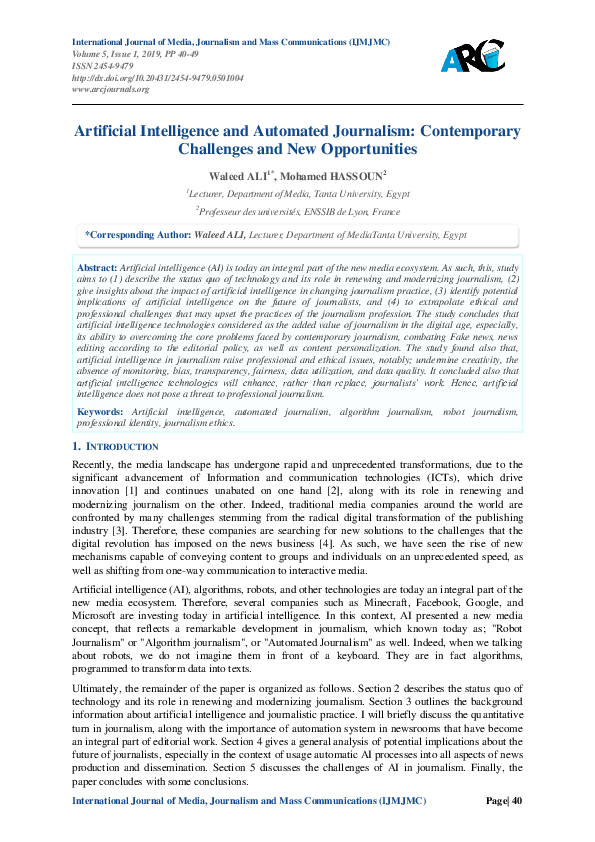 (PDF) Artificial Intelligence and Automated Journalism: Contemporary Challenges and New ...