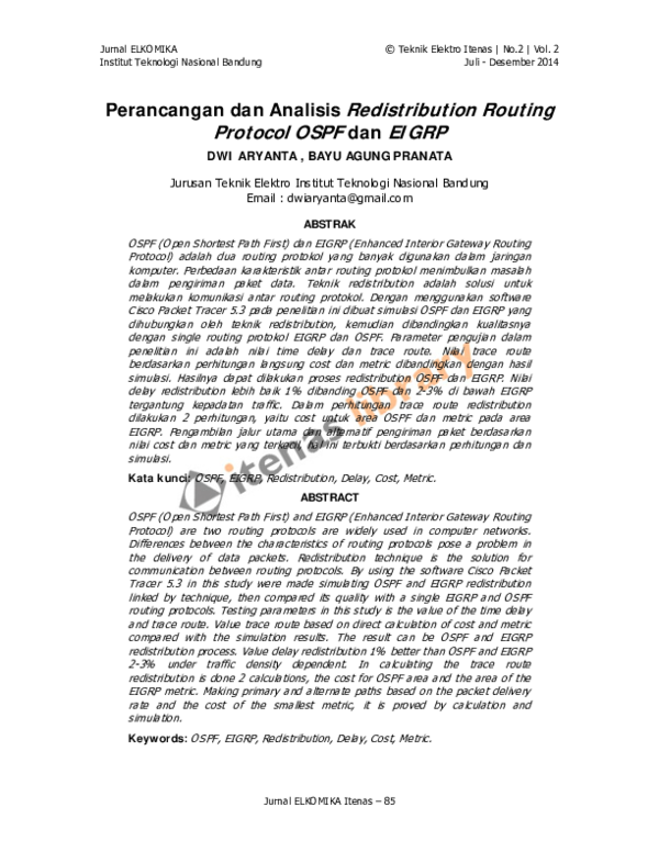 Pdf Perancangan Dan Analisis Redistribution Routing Protocol Ospf Dan