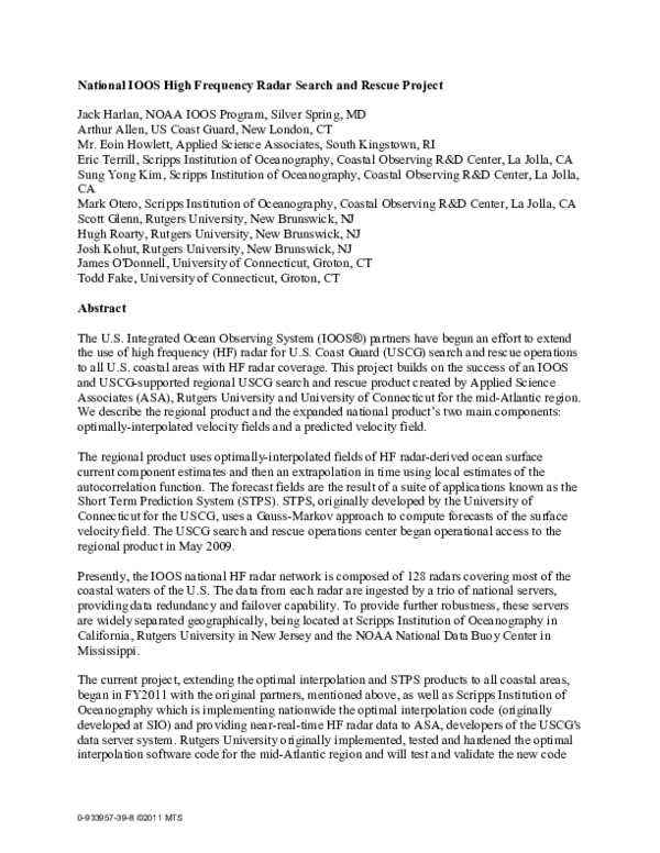 (PDF) National IOOS high frequency radar search and rescue project
