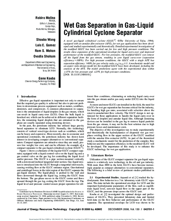 (PDF) Wet Gas Separation in Gas-Liquid Cylindrical Cyclone Separator