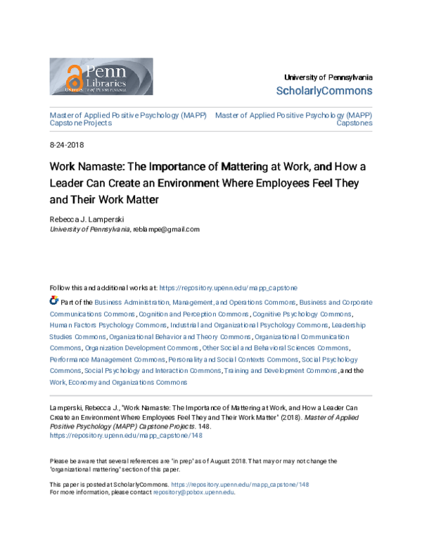 (PDF) Work Namaste: The Importance of Mattering at Work, and How a ...