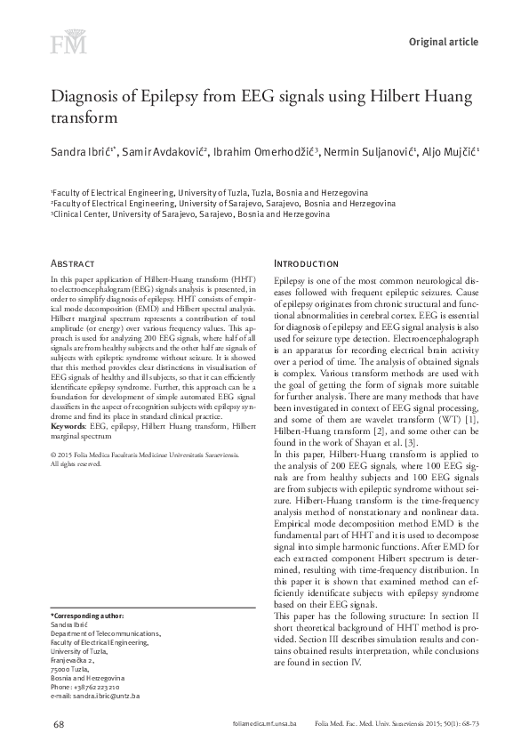 (PDF) Diagnosis of Epilepsy from EEG signals using Hilbert Huang