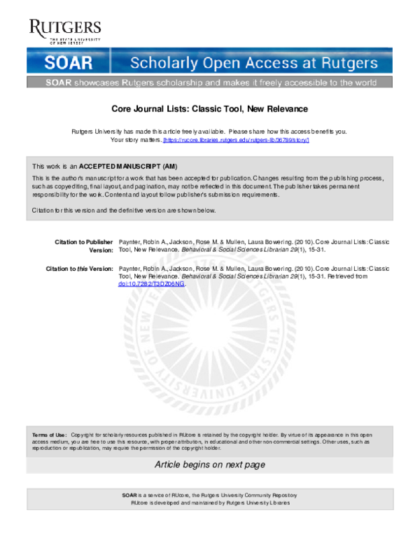 (PDF) Core Journal Lists: Classic Tool, New Relevance