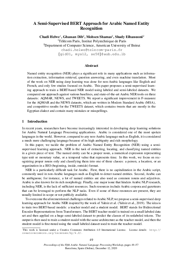 Pdf A Semi Supervised Bert Approach For Arabic Named Entity Recognition