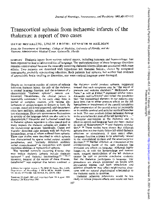 (PDF) Transcortical aphasia from ischaemic infarcts of the thalamus: a ...