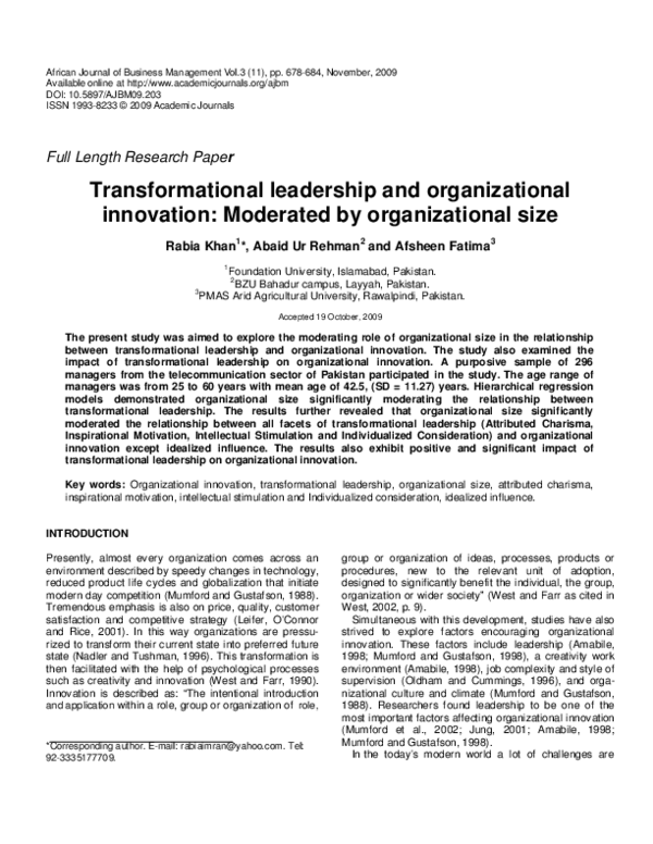 (PDF) Transformational leadership and organizational commitment: The moderating role of leaders ...