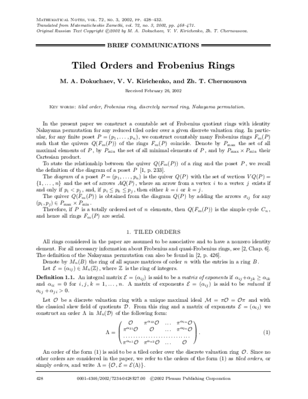 (PDF) Tiled Orders and Frobenius Rings