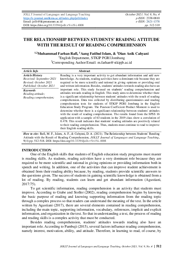 (PDF) The Relationship Between Students' Reading Attitude with the Result of Reading Comprehension