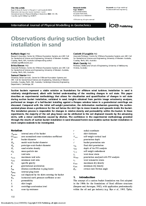 (PDF) Observations during suction bucket installation in sand