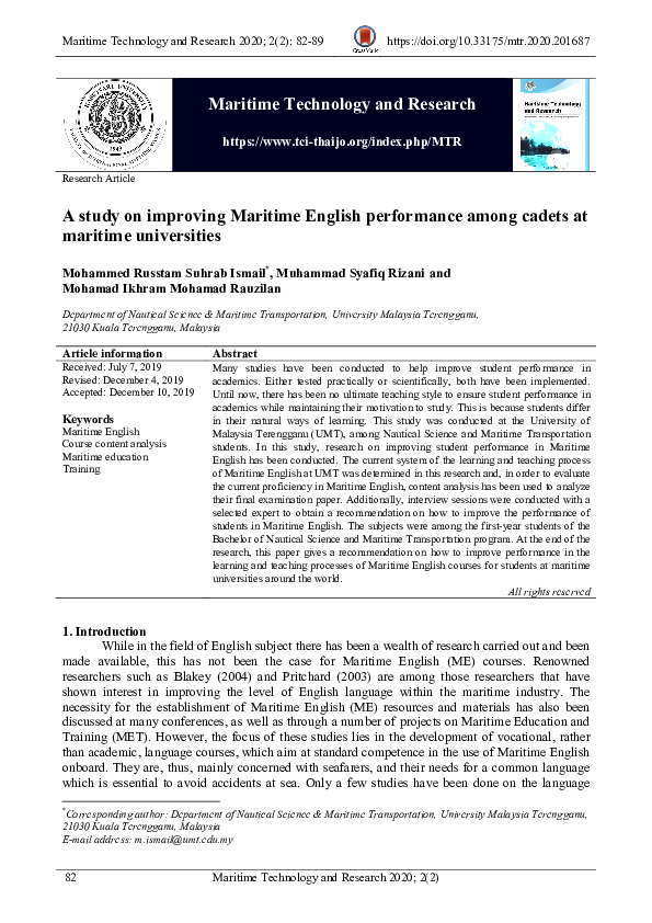 (PDF) A study on improving Maritime English performance among cadets at ...