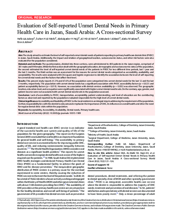 (PDF) Evaluation of Self-reported Unmet Dental Needs in Primary Health ...
