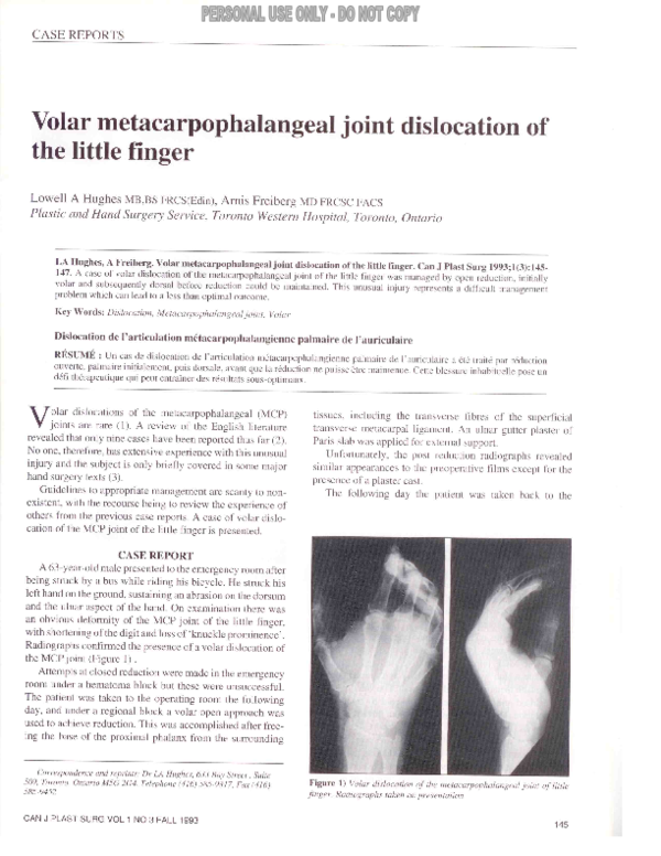 (PDF) Volar metacarpophalangeal joint dislocation of the little finger