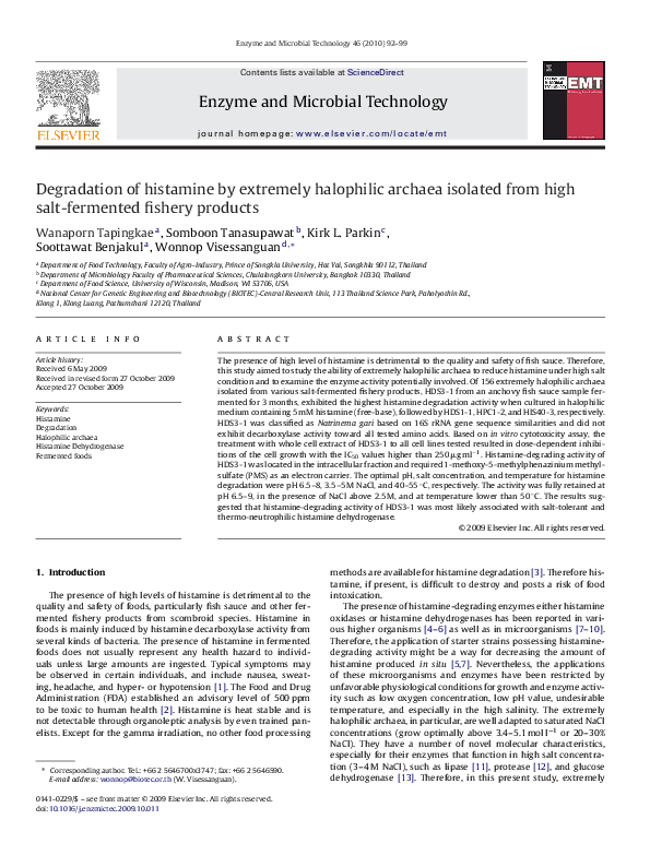 (PDF) Degradation of histamine by extremely halophilic archaea isolated from high salt-fermented ...
