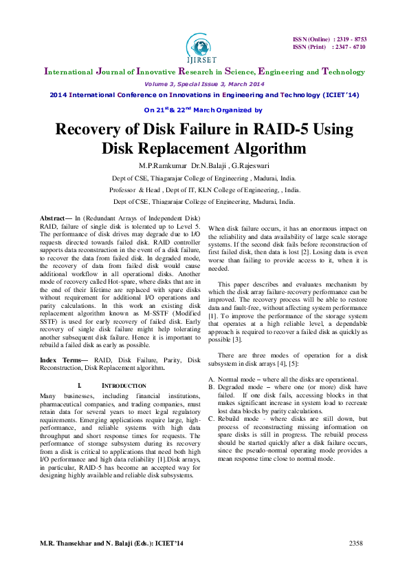 (PDF) Recovery of Disk Failure in RAID-5 Using Disk Replacement Algorithm